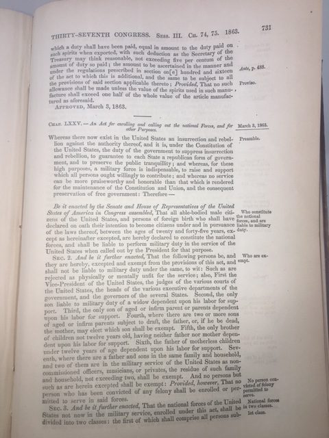 CONSCRIPTION ACT of 1863 – first wartime draft – Statutes and Stories