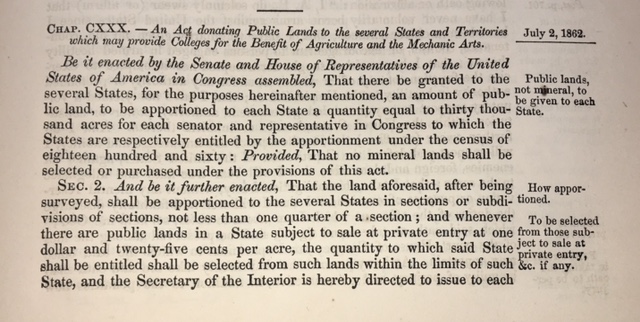 MORRILL LAND GRANT COLLEGE ACT OF 1862 – Statutes and Stories