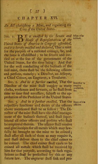 Coinage Act of 1792 (establishing the U.S. Mint) – Statutes and Stories