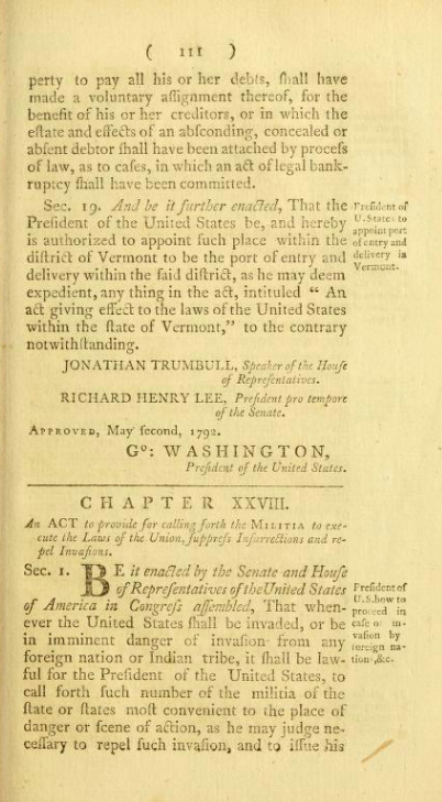 The Militia Acts of 1792 and Presidential Emergency Powers – Statutes ...