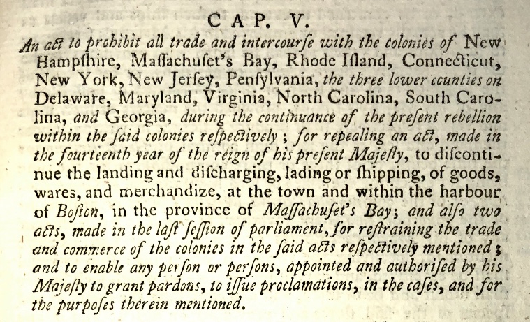 Prohibitory Act of 1775 – Statutes and Stories