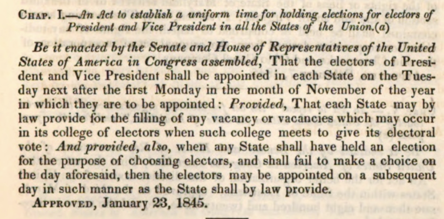 Presidential Election Day Act of 1845 and the Election of 1840 ...